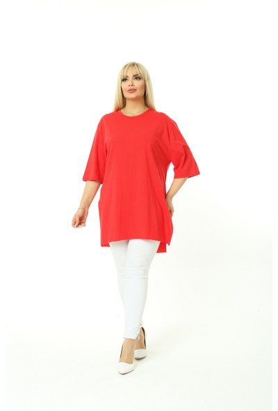 Butik Şımarık Kadın Büyük Beden Yandan Yırtmaçlı Pamuklu Kumaş T.shirt