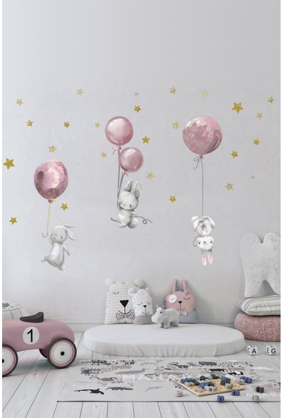 Sevimli Balonlu Tavşanlar ve Yıldızlar Çocuk Odası Duvar Sticker Sevimli Balonlu Tavşanlar ve Yıldızlar Çocuk Odası Duvar Sticker