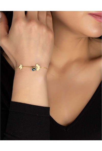Else Silver Cam Gözlü Kelebek ve Yaprak Altın Şans Bilekliği