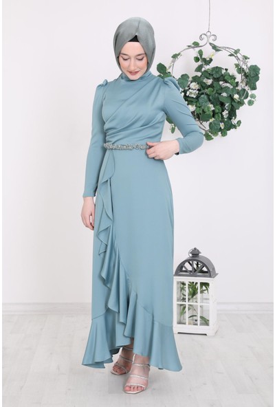 Hennin Nisaca Saten Kemer Detaylı Fırfır Tesettür Abiye Elbise|hennin Mint Hennin Nisaca Saten Kemer Detaylı Fırfır Tesettür Abiye Elbise|hennin Mint