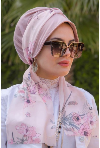 Aişe Tesettür Soft Pudra Çiçekli Şapkalı Bone - 30100