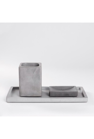 Lukka Home Açık Gri Dikdörtgen Tepsili 3'lü Beton Banyo Seti Sabunluk ve Diş Fırçalık