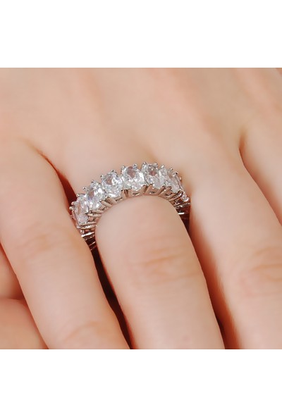 Stainless Steel Çelik Tam Tur Zirkon Taşlı Ayarlanabilen Yüzük Silver