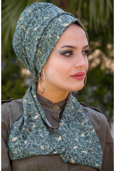 Aişe Tesettür Haki Sarmaşık Desenli Krep Atkılı Bone