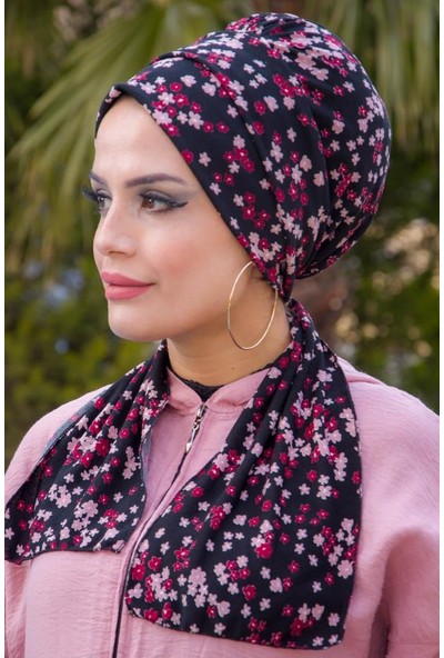 Aişe Tesettür Siyah Pudra Çiçek Desenli Krep Atkılı Bone