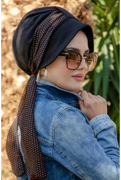 Aişe Tesettür Siyah Taba Şapkalı Bone