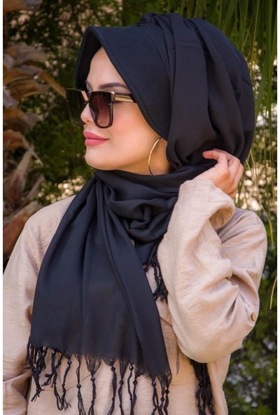 Aişe Tesettür Siyah Boncuklu Koton Şapkalı Şal - 50800