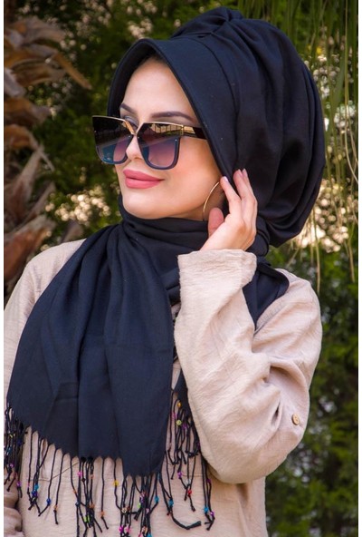 Aişe Tesettür Siyah Renkli Boncuklu Koton Şapkalı Şal - 50800