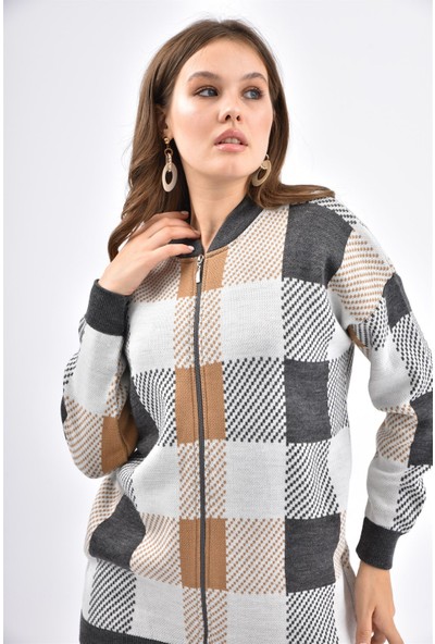 FTZ Women Kadın Hakim Yaka Fermuarlı Hırka Füme