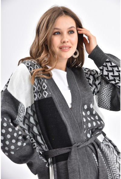 FTZ Women Kadın Karışık Kare Desen Uzun Hırka Gri FTZ Women Kadın Karışık Kare Desen Uzun Hırka Gri