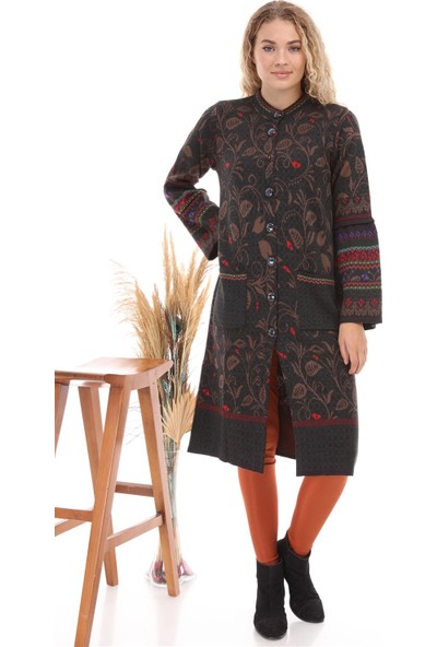 FTZ Women Kadın Desenli Uzun Örme Hırka Siyah
