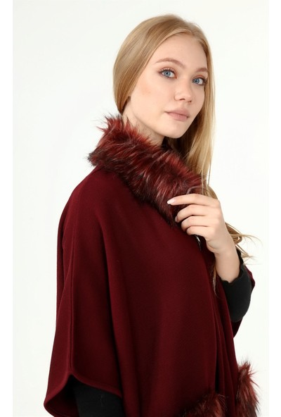 FTZ Women Kadın Kürk Detay Panço Bordo FTZ Women Kadın Kürk Detay Panço Bordo