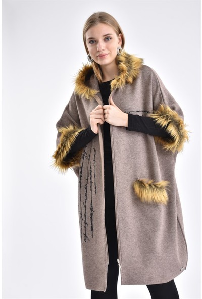 FTZ Women Kadın Kürk Detay Panço Vizon FTZ Women Kadın Kürk Detay Panço Vizon