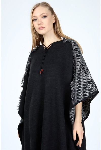 FTZ Women Kadın Desenli Panço Siyah FTZ Women Kadın Desenli Panço Siyah