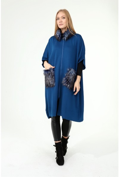 Ftz Women Kadın Kürk Detay Panço Petrol Ftz Women Kadın Kürk Detay Panço Petrol