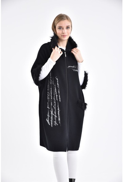FTZ Women Kadın Kürk Detay Panço Siyah FTZ Women Kadın Kürk Detay Panço Siyah