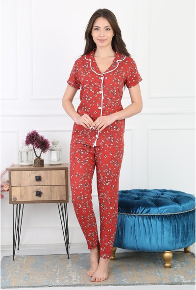 Markashe Kısa Kollu Dokuma Viskon Çiçek Baskılı Yazlık Kadın Pijama Takımı Markashe Kısa Kollu Dokuma Viskon Çiçek Baskılı Yazlık Kadın Pijama Takımı
