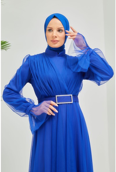 Moda Echer Tesettür Abiye Elbise Kemerili Taş Aksesuarlı 7396