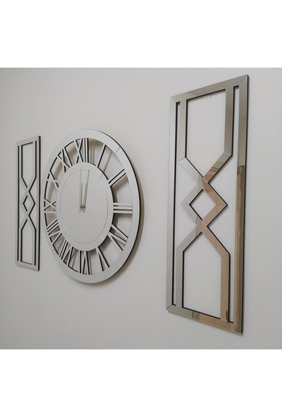 Nisanest Modern ve Şık Gümüş Aynalı Dekoratif Tablo Duvar Saati 3 Lü