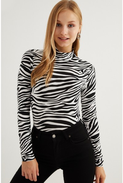 BiPantolon Kadın Siyah Zebra Desenli Body