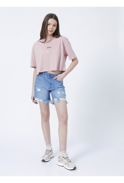 National Geographic W-Disco Bisiklet Yaka Oversize Baskılı Pudra Kadın T-Shirt