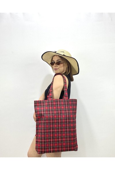 Nazhira Tekstil Kırmızı Siyah Kareli Omuz Plaj Çantası