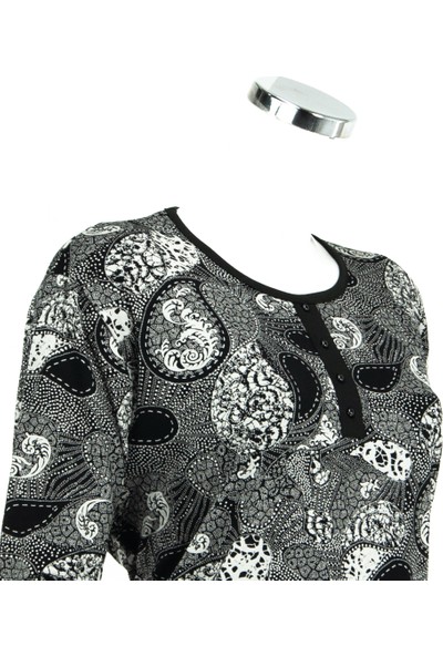 Oppland Kadın Buket Desenli Uzun Kollu Yuvarlak Yaka Geniş Kalıp Likralı Viskon Penye Kumaş Büyük Beden Anne Bluz