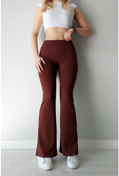 Kadın Acı Kahve Ispanyol Paça Fitilli Ekstra Yüksek Bel Toparlayıcı Tayt