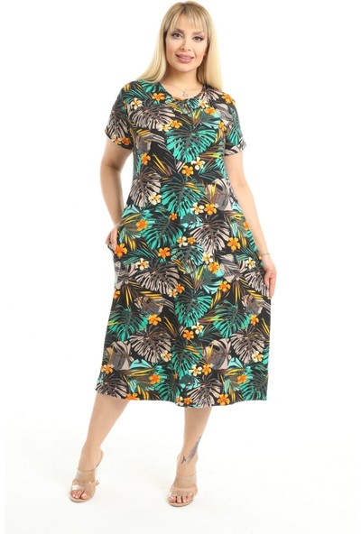 Siyah Kadın Turkuaz-Siyah Büyük Beden Çiçek Desenli Bisiklet Yaka Penye Elbise - XXL00017