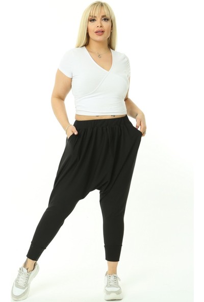 Siyah Kadın Siyah Büyük Beden Bel ve Paça Lastikli Bağcıklı Viskon Şalvar Pantolon - XXL00011 Siyah Kadın Siyah Büyük Beden Bel ve Paça Lastikli Bağcıklı Viskon Şalvar Pantolon - XXL00011