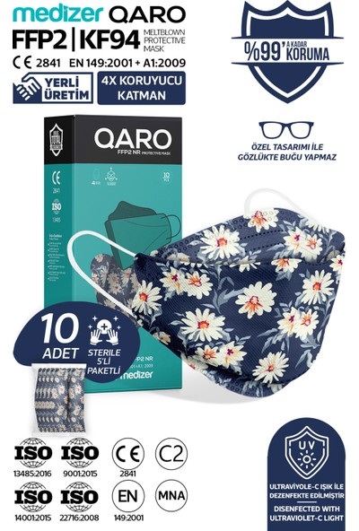 Medizer Qaro Dağ Papatyası Desenli Kore Tipi KF94 Ffp2 Maske Medizer Qaro Dağ Papatyası Desenli Kore Tipi KF94 Ffp2 Maske