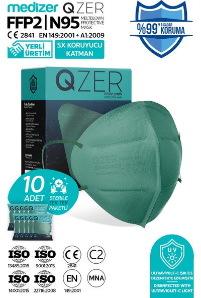 Medizer Qzer Yeşil Renk 5 Katmanlı Ffp2 N95 Maske Medizer Qzer Yeşil Renk 5 Katmanlı Ffp2 N95 Maske