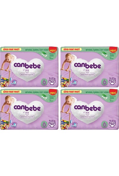 Canbebe Bebek Bezi 6 Numara 15-27 kg 50'li x 4 Canbebe Bebek Bezi 6 Numara 15-27 kg 50'li x 4
