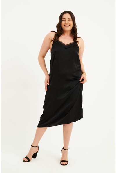 Myline Saten Dantelli Arkası Çapraz Midi Elbise