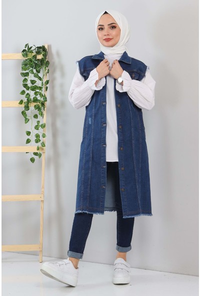 Cng Moda Tesettür Püsküllü Düğmeli Uzun Kadın Kot Yelek Cng Moda Tesettür Püsküllü Düğmeli Uzun Kadın Kot Yelek