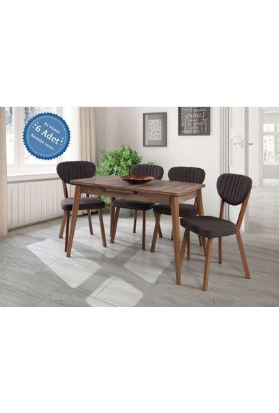 Evistro Ortadan Açılır Salon Yemek Masası 6 Adet Sandalye Takım Ceviz