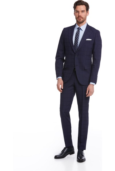 Hatemoğlu Lacivert Slim Fit Kareli Takım Elbise
