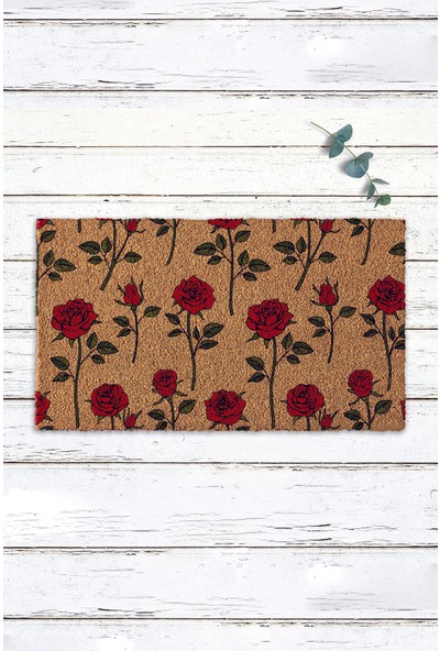 Paspas Yap Kırmızı Gül Desenli Kapı Önü Paspası