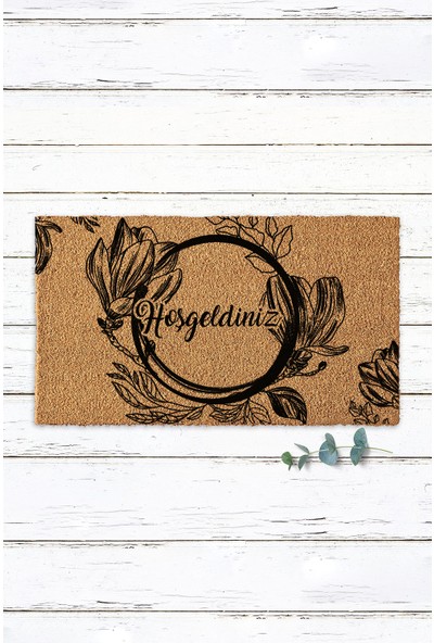 Paspas Yap Çiçek Çizimli Yuvarlak Çerçeveli Hoşgeldiniz Paspas
