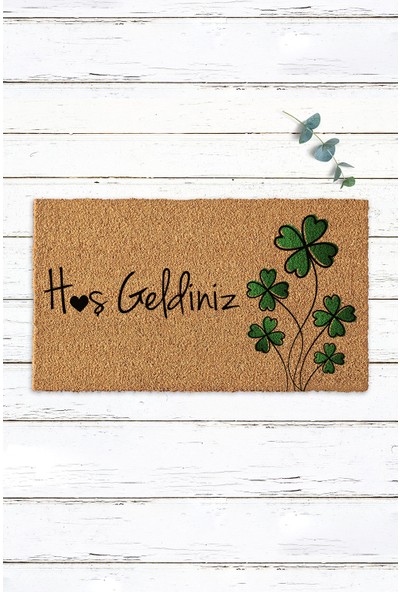 Paspas Yap Hoşgeldiniz Yazılı Yeşil Yonca Tasarımlı Kapı Paspası