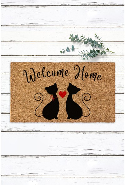 Paspas Yap Kedili Welcome Home Ortası Kalpli Kapı Önü Paspası Paspas Yap Kedili Welcome Home Ortası Kalpli Kapı Önü Paspası