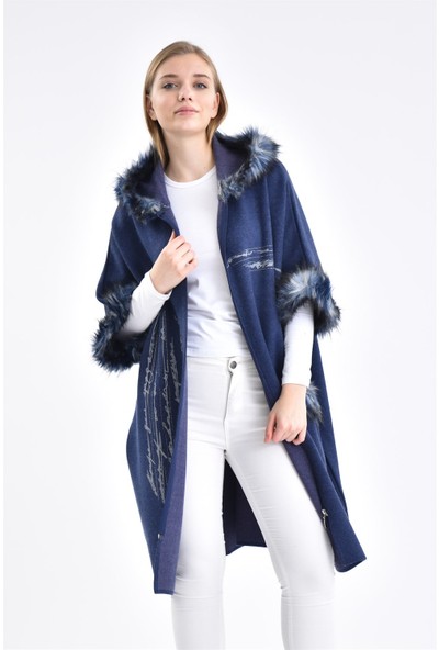 FTZ Women Kadın Kürk Detay Panço Indigo FTZ Women Kadın Kürk Detay Panço Indigo