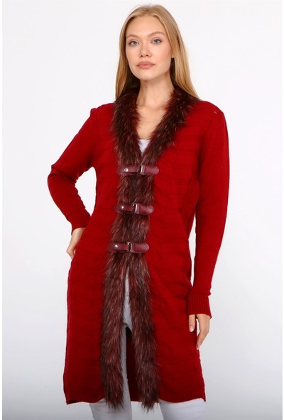 FTZ Women Kadın Kürk Detaylı Uzun Kap Bordo