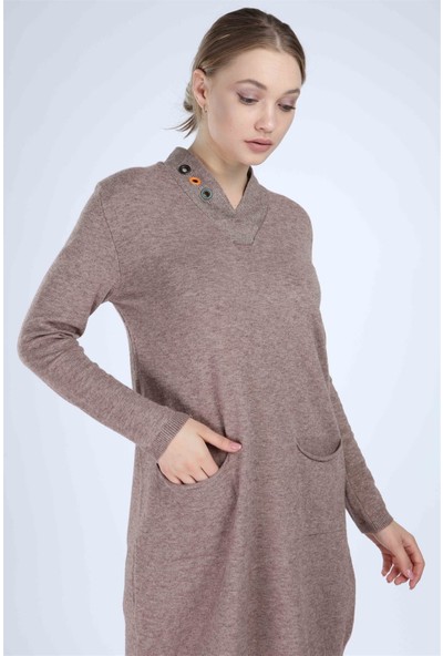 FTZ Women Kadın Yaka Detaylı Uzun Tunik Beıge