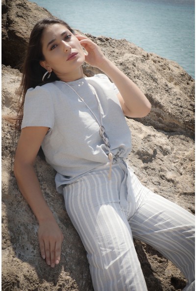 Charmwear Mavi Beyaz Çizgili Keten Pantolon