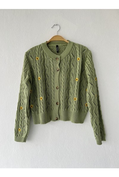 Retrobird Ayçiçeği Nakışlı Baharlık Hırka Kadın Fıstık Yeşili