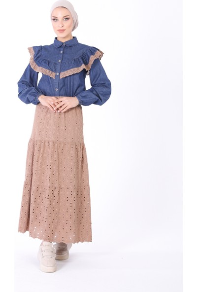 May Mara Kadın Yaka Brodere Jean Bluzlu Etekli Takım May Mara Kadın Yaka Brodere Jean Bluzlu Etekli Takım