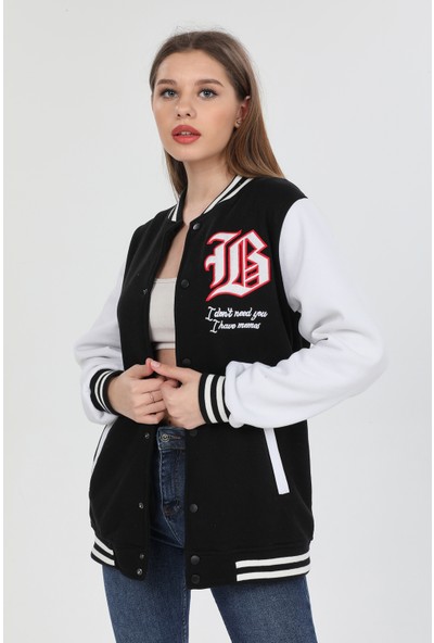 Mericey Unisex Siyah Beyaz Yazı Nakışlı Kolej Ceket