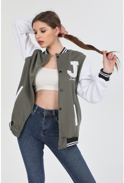 Mericey Unisex Haki Beyaz Yazı Nakışlı Kolej Ceket