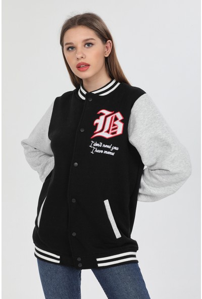 Mericey Unisex Gri Siyah Siyah Yazı Nakışlı Kolej Ceket